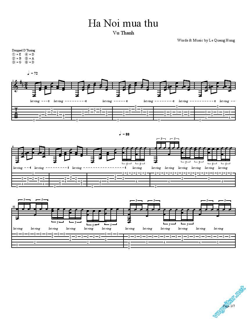 Sheet guitar classic - Hà Nội mùa thu - Vũ Thanh - Arr: Le Quang Hung - Sheet nhạc | Nốt nhạc ...