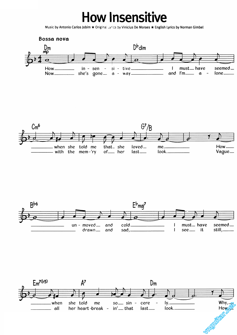 Sheet: Notes & chords - How insensitive - Music by: Antonio Carlos ...