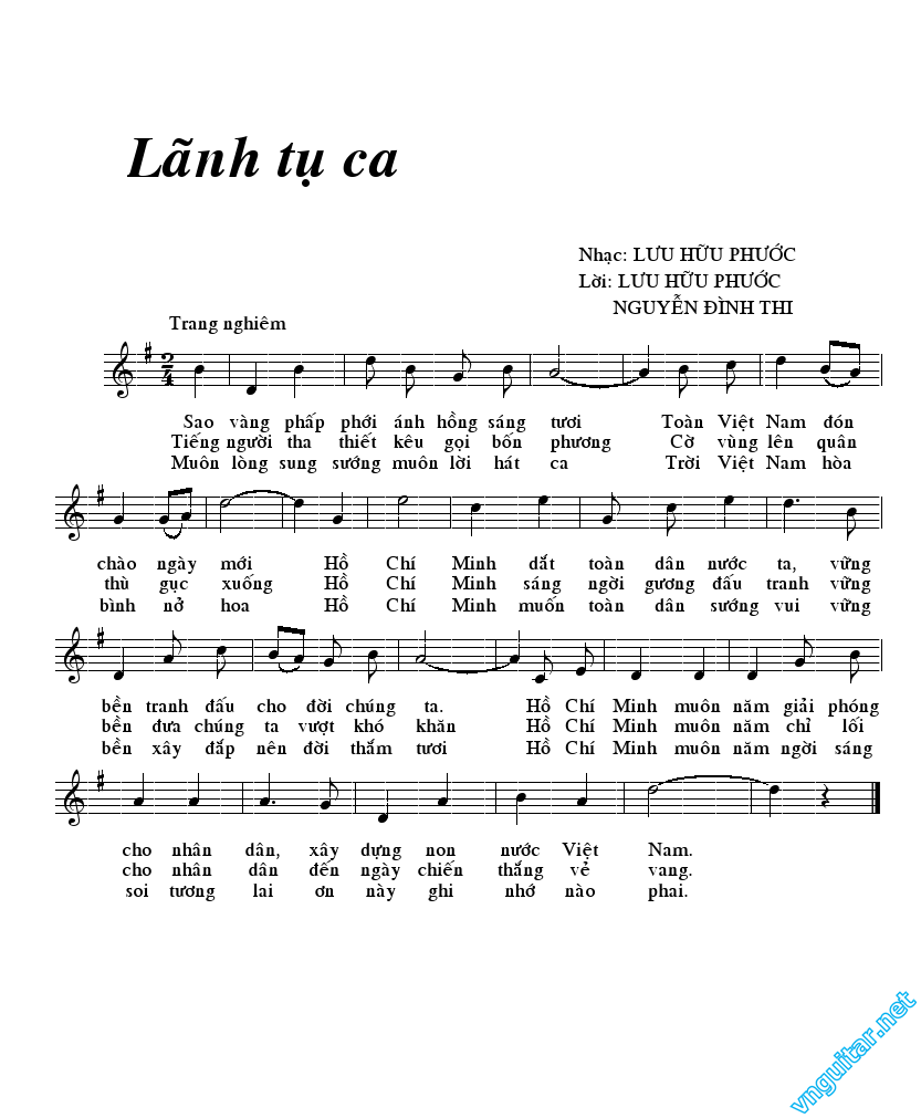 Sheet: Nốt nhạc và lời - Lãnh tụ ca - Lưu Hữu Phước - Sheet nhạc | Nốt ...