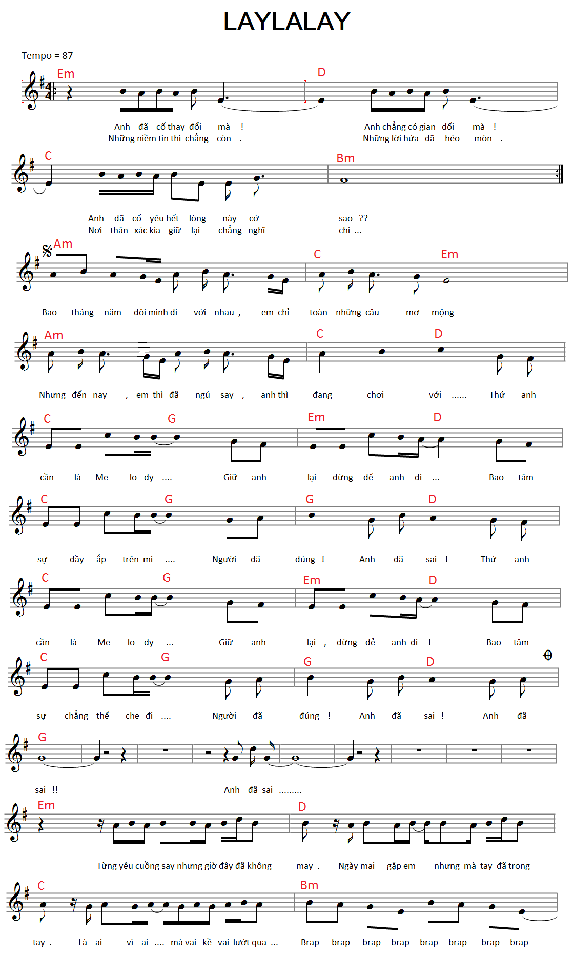 Hợp âm, nốt và lời - Laylalay - Jack - Sheet nhạc | Nốt nhạc | Hợp âm ...