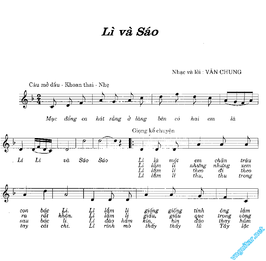 Sheet: Nốt nhạc và lời - Lì và Sáo - Văn Chung - Sheet nhạc | Nốt nhạc ...