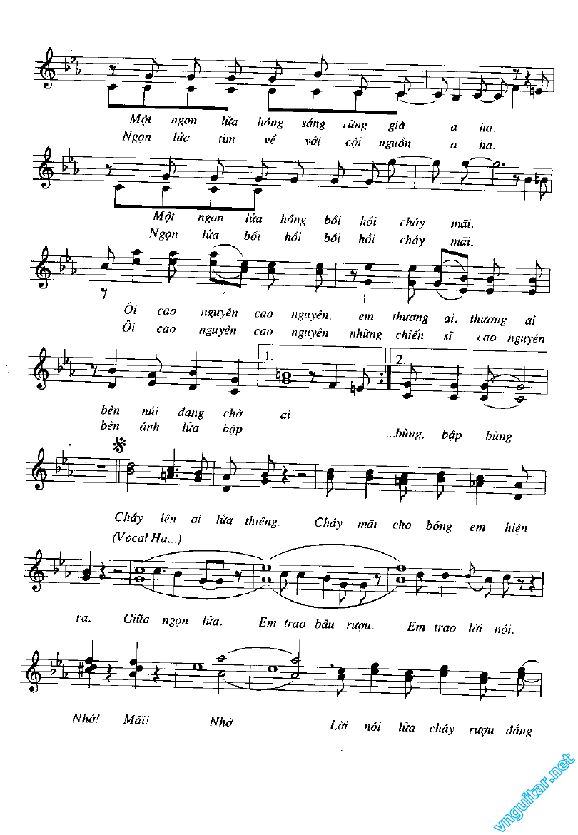 Sheet: Nốt nhạc và lời - Ngọn lửa cao nguyên - Trần Tiến - Sheet nhạc ...
