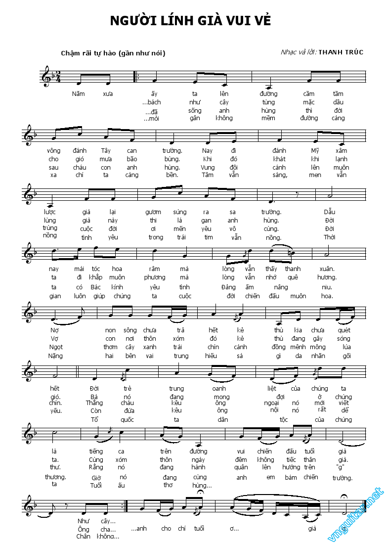 Sheet: Nốt nhạc và lời - Người lính già vui vẻ - Thanh Trúc - Sheet ...