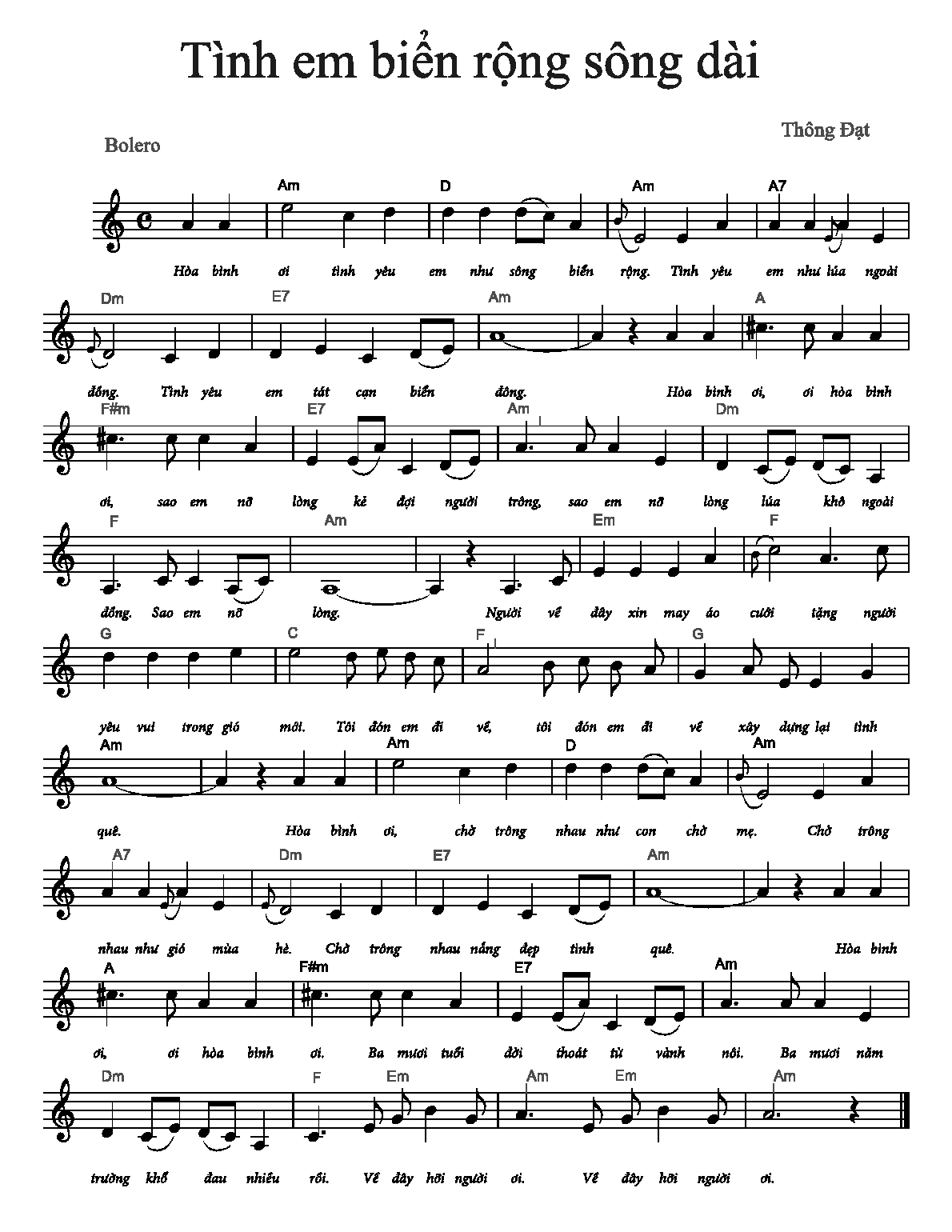 Sheet: Nốt nhạc và lời - Tình em biển rộng sông dài - Thông Đạt - Sheet ...