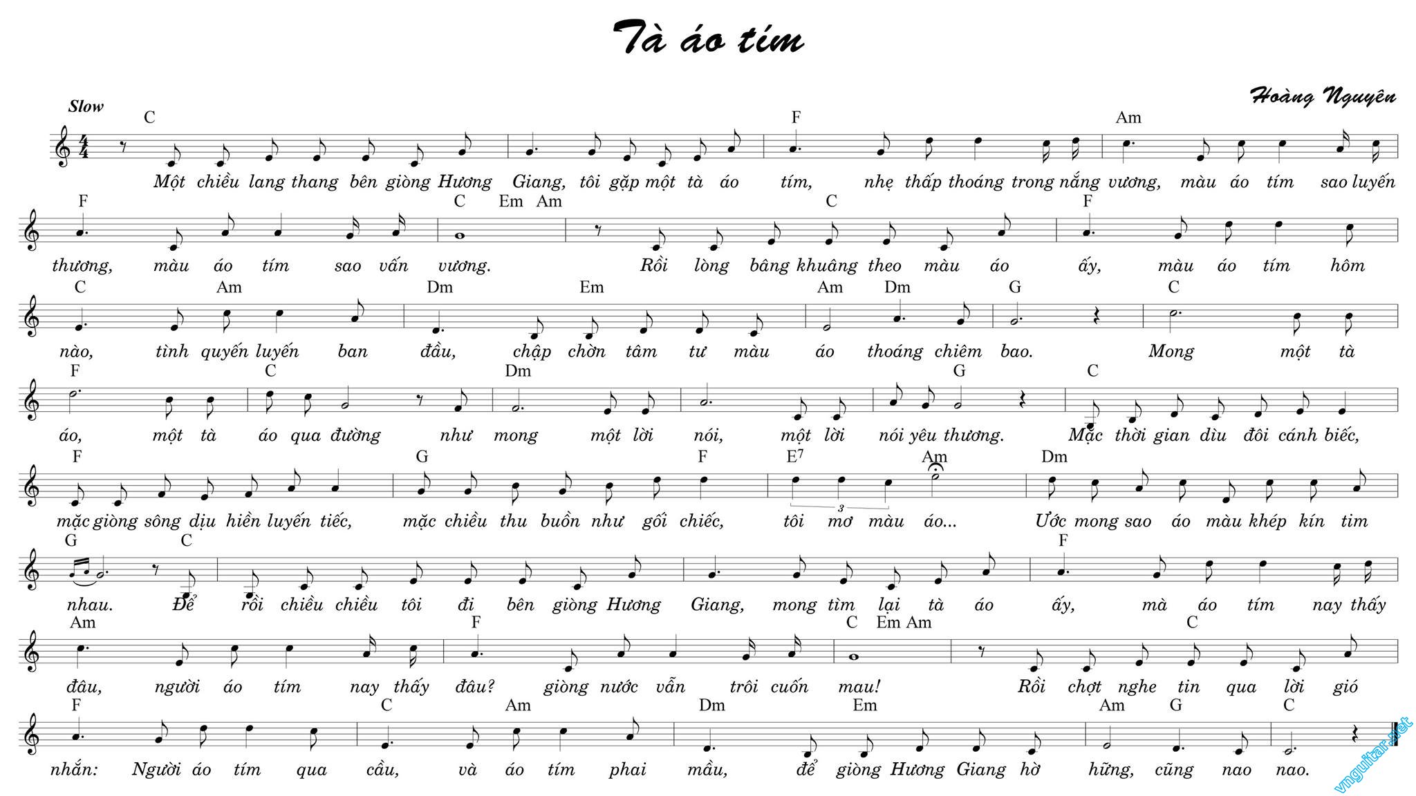 Sheet: Nốt nhạc và lời - Tà áo tím - Hoàng Nguyên - Sheet nhạc | Nốt ...