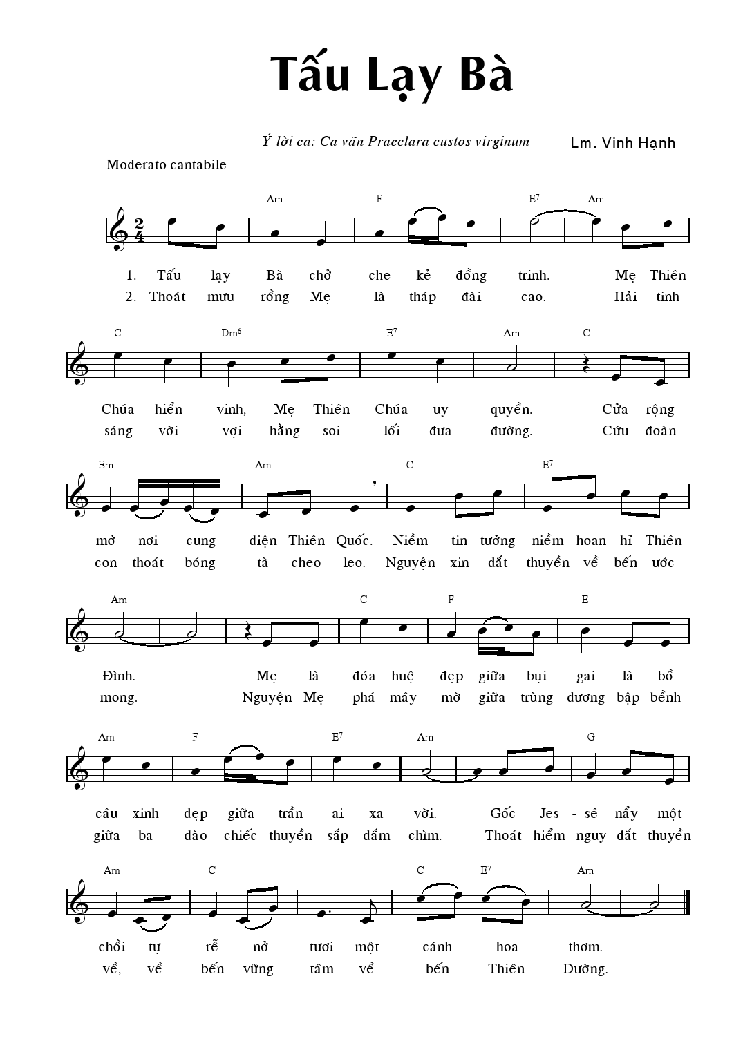 Hợp âm, nốt và lời - Tấu lạy Bà - Lm. Vinh Hạnh - Sheet nhạc | Nốt nhạc ...
