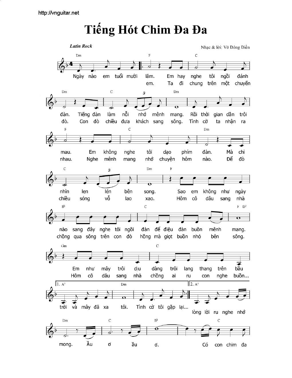 Hợp âm, nốt và lời - Tiếng hót chim đa đa - Võ Đông Điền - Sheet nhạc ...